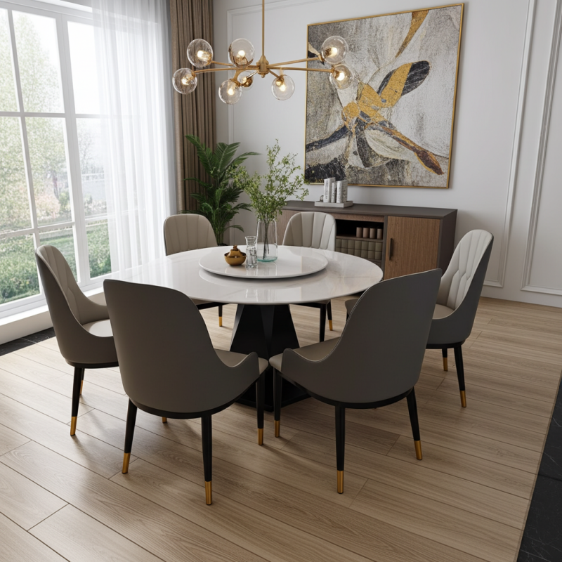 6-Seater Round Marble Table Dining Set - Pramukh Furniture
